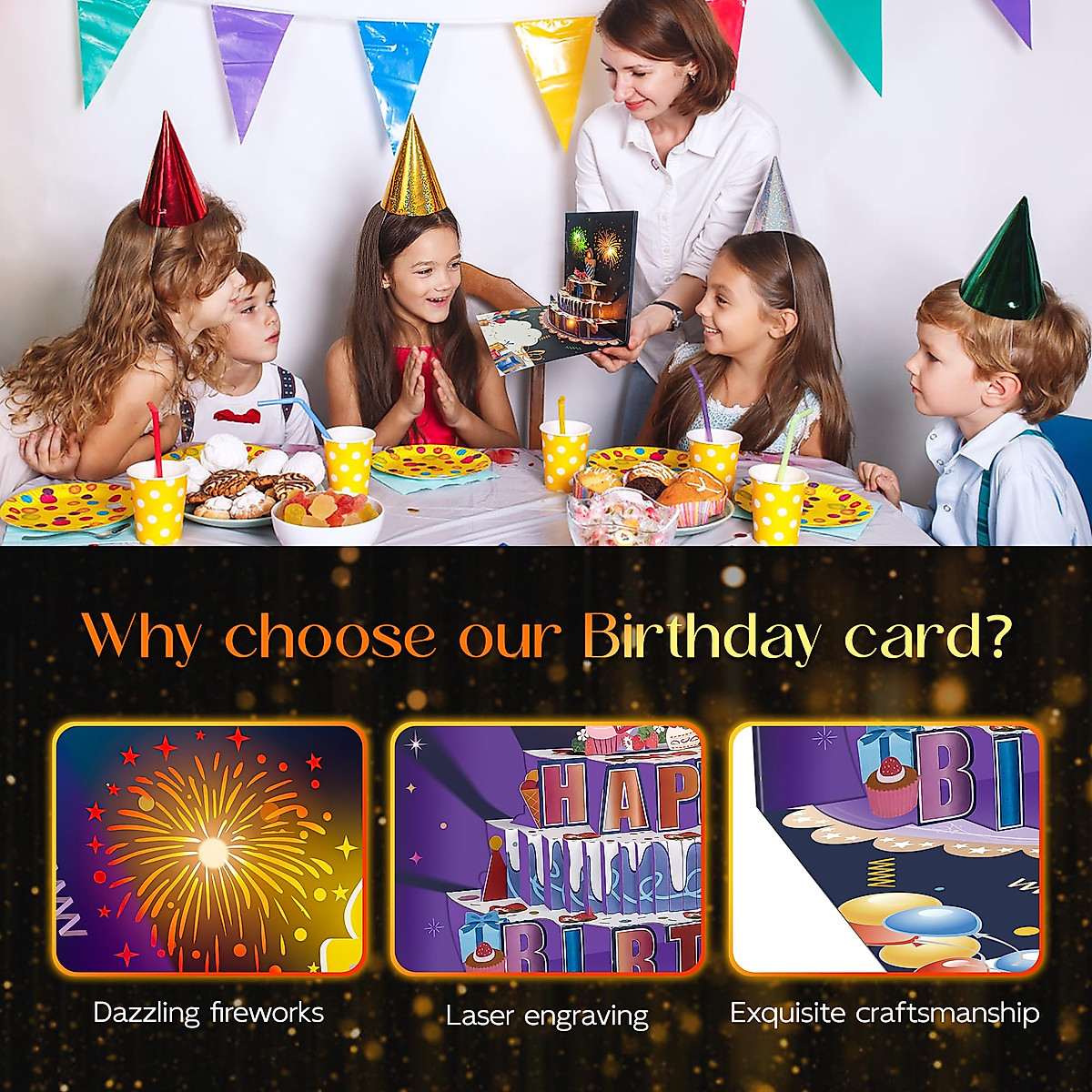 Sliafwh Happy Birthday Cards Includes Envelope, 3D Pop Up with Song, Blow Out LED Light Candle then Firework, Funny Gift for Women, Men, Mom, Dad, Sister, Kids (Upgrade)