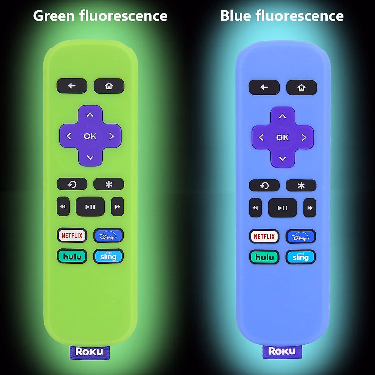 [2 Pack] Pinowu Remote Cover (Glowing in The Dark) Compatible with Roku Simple Remote, Anti Slip Silicone Cover Suitable for Roku Express and Roku Premiere Player Remote (Blue and Green)