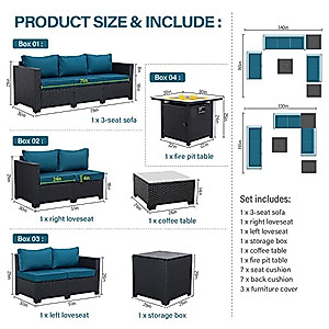 Outdoor Furniture Sets Fire Table 6 PCS Patio Furniture Set Gas Fire Pit Table with Outdoor Storage Box Glass Coffee Table and Waterproof Covers Anti-Slip Peacock Blue Cushions