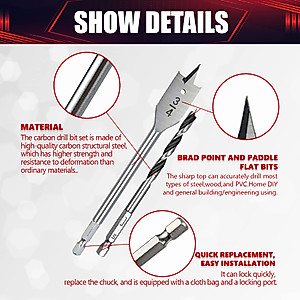 wesleydrill Wood Drill Bit Set,16 Pcs Impact Drill Bit Set,8 Pcs Hex shank Brad Point Drill bit 1/8"-3/8" and 8 Pcs Spade Drill bit 1/2"-1-1/8" Fit for Wood,Plastic