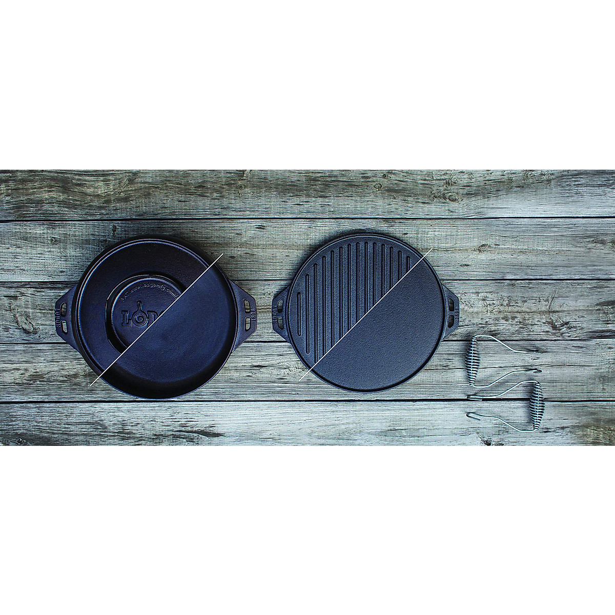 Lodge Cast Iron Cook-It-All Kit. Five-Piece Cast Iron Set includes a Reversible Grill/Griddle 14 Inch, 6.8 Quart Bottom/Wok, Two Heavy Duty Handles, and a Tips & Tricks Booklet.