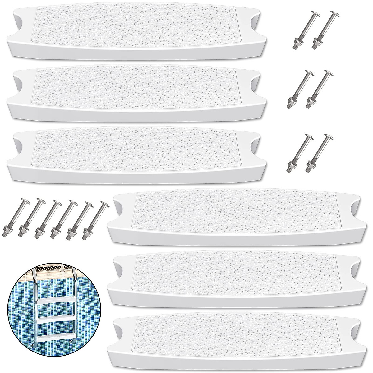 Goovilla Pool Ladder Steps Replacement, (6-Pack) 18" Universal Heavy-Duty Molded Plastic Swimming Pool Ladder Rung Step with 12 PCS Stainless Steel Bolts for Inground and above Ground Pools, White
