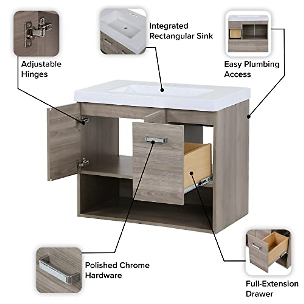 Spring Mill Cabinets Inna Floating Bathroom Vanity with 2-Door Cabinet, Drawer, Open Shelf, and White Sink Top, 30.5" W x 18.75" D x 26.27" H, Forest Elm