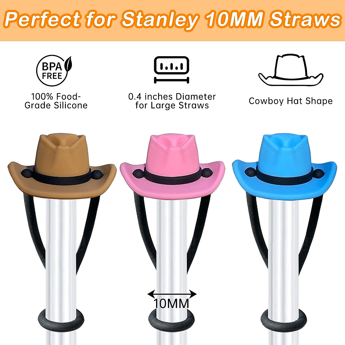 6PCS Cowboy Hat Straw Cover Cap for Stanley Cup, Silicone Cowgirl Hat Straw Topper for Stanley 30&40Oz, 10mm 0.4in Dust-Proof Reusable Straw Tips Lids for Man & Woman Gift. (6PCS Cowboy Hat)