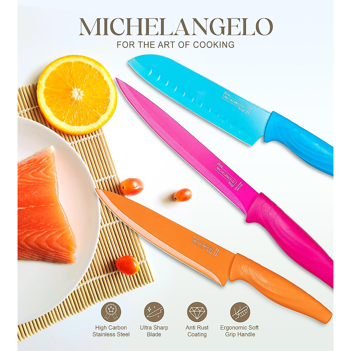 MICHELANGELO Kitchen Knife Set 10 Piece, Rainbow Knife Set for Kitchen, High Carbon Stainless Steel Kitchen Knives Set, Kitchen Knife Set with Covers, Colorful Knife Set- 5 Knives and 5 Knife Covers