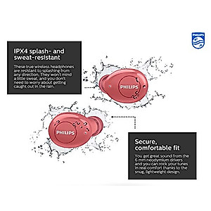 Philips T2205 In-ear True Wireless Headphones with IPX4 Splash Resistant, Super-small Portable Charging Case, Built-in Microphone, Up to 12 Hours (4+8) Playtime, Works with Voice Assistants, TAT2205RD