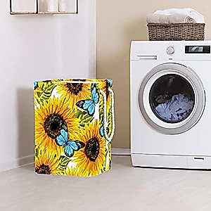 Inhomer Hand Painted Sunflowers Blue Butterfly Large Laundry Hamper Waterproof Collapsible Clothes Hamper Basket for Clothing Toy Organizer, Home Decor for Bedroom Bathroom