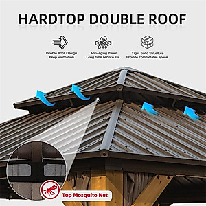 DHPM 12' x 12' Gazebo Polycarbonate Double Roof Canopy Outdoor Aluminum Frame Pergola, Permanent Pavilion with Netting and Curtains for Garden Patio Lawns Parties
