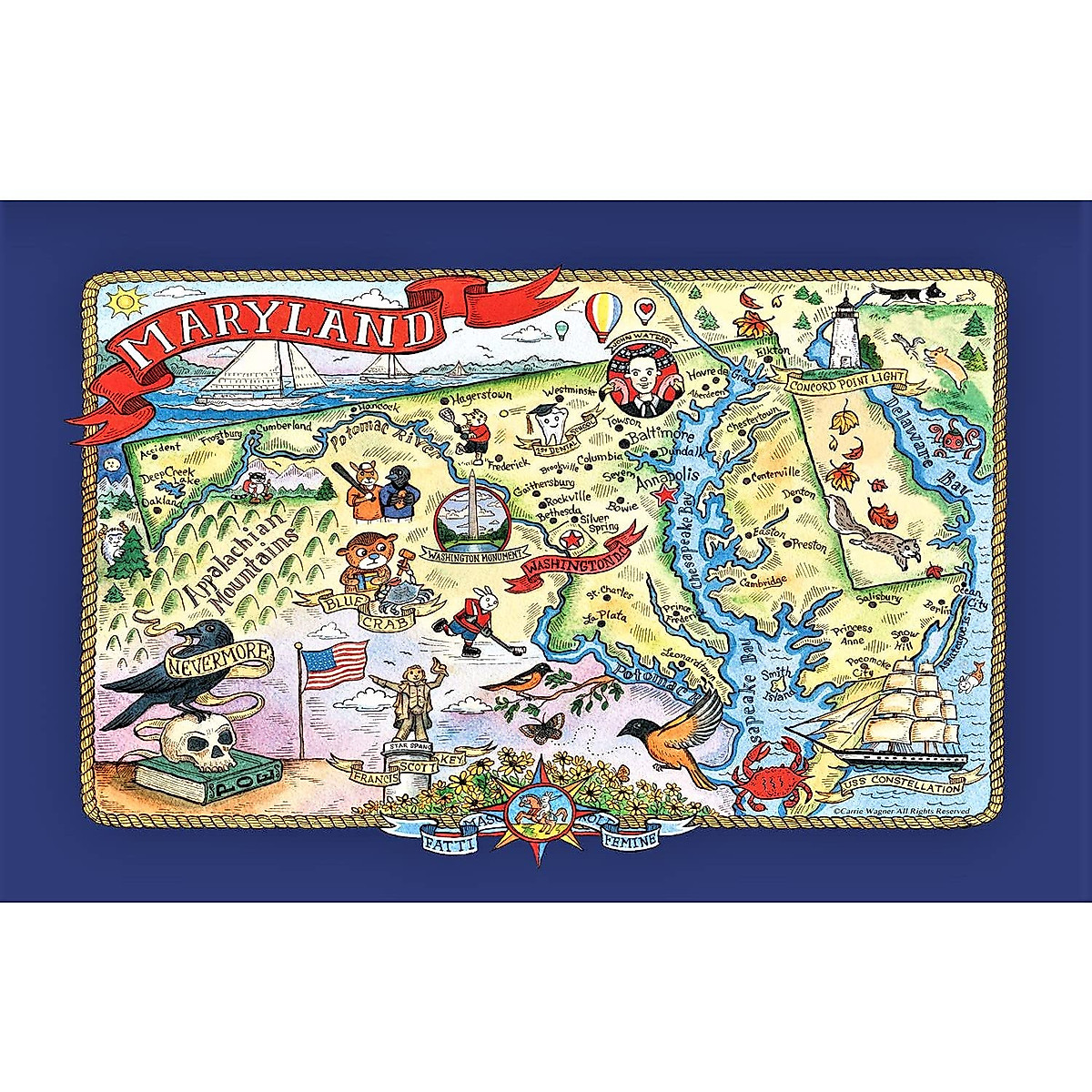 Kay Dee Maryland Tea Towel Adventure Destinations Vacation Souvenir Pictorial Poster Style Map Kitchen Towel Multicolor 18 in x 28 in