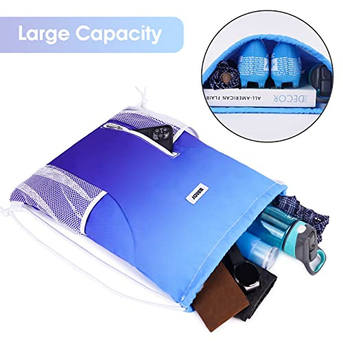 WANDF Drawstring Backpack Sports Gym Sackpack with Mesh Pockets Water Resistant String Bag for Women Men (Blue)