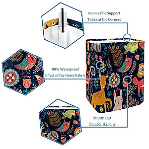 Forest Animals Owl Hedgehog Deer Fox Rabbit Print Collapsible Laundry Hamper, 60L Waterproof Laundry Baskets Washing Bin Clothes Toys Storage for Dorm Bathroom Bedroom