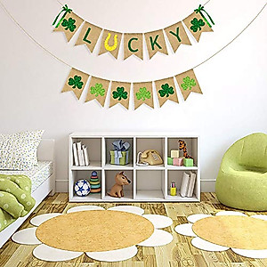 CAVLA Lucky Burlap Banner and Glitter Shamrock Banner St. Patrick's Day Green Shamrock Lucky Banner Garland with Bows Saint Patrick's Day Party Decorations for Irish Lucky Day St. Patty's Day Decor