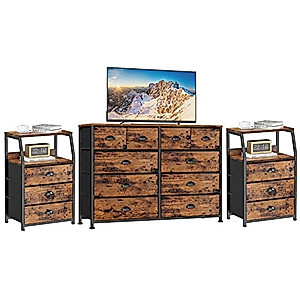 Furnulem Dresser for Bedroom, Nightstand with Fabric Drawers Storage Organizer Furniture for Closet, Living Room, Nursery, Hallway, Wooden Top, Metal Frame (Rustic Brown)