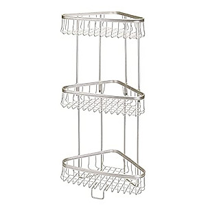 mDesign Metal 3-Tier Bathroom Corner Shower Shelf - Free Standing Vertical Unit Storage Shelves - for Organizing Soaps, Shampoos, Conditioner, Fash Face, Body Scrubs, Body Washes - 3 Baskets - Satin