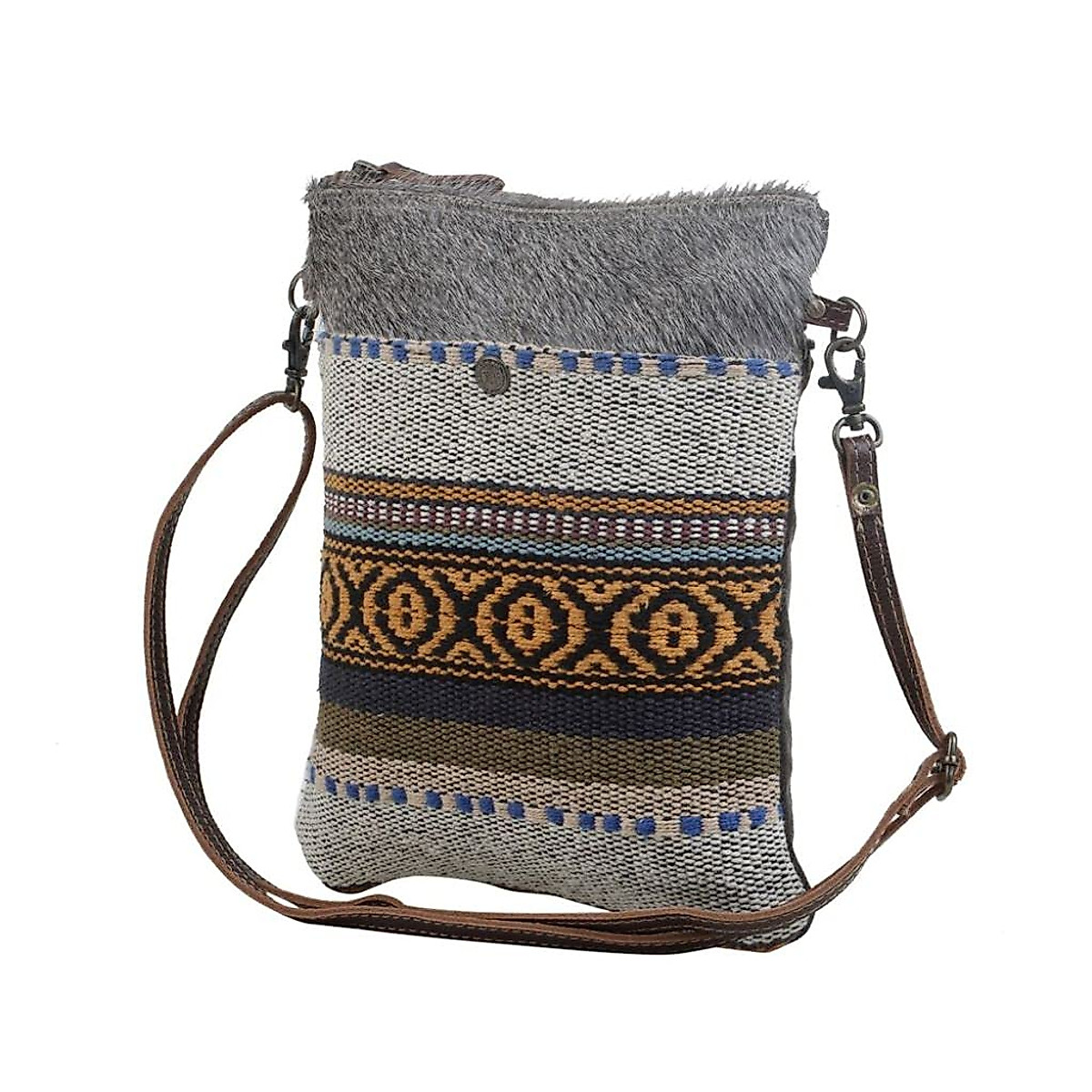 Myra Bag Tribal Pattern Small & Crossbody Bag Upcycled Cotton & Hair Leather S-2880