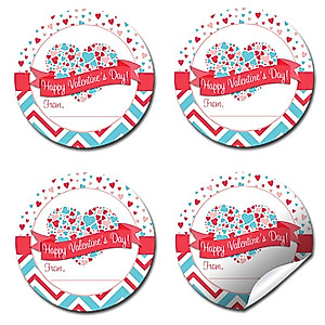 Red and Blue Heart-Themed Valentine Party Favor Sticker Labels, 40 2" Party Circle Stickers by AmandaCreation, Great for Classroom Valentines, Envelope Seals, Gifts & Treats
