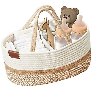 DECOMOMO Diaper Caddy, Baby Diaper Caddy Basket, Diaper Organizer for Changing Table Girl Boy Gift (Spiral Beige & White, Large)