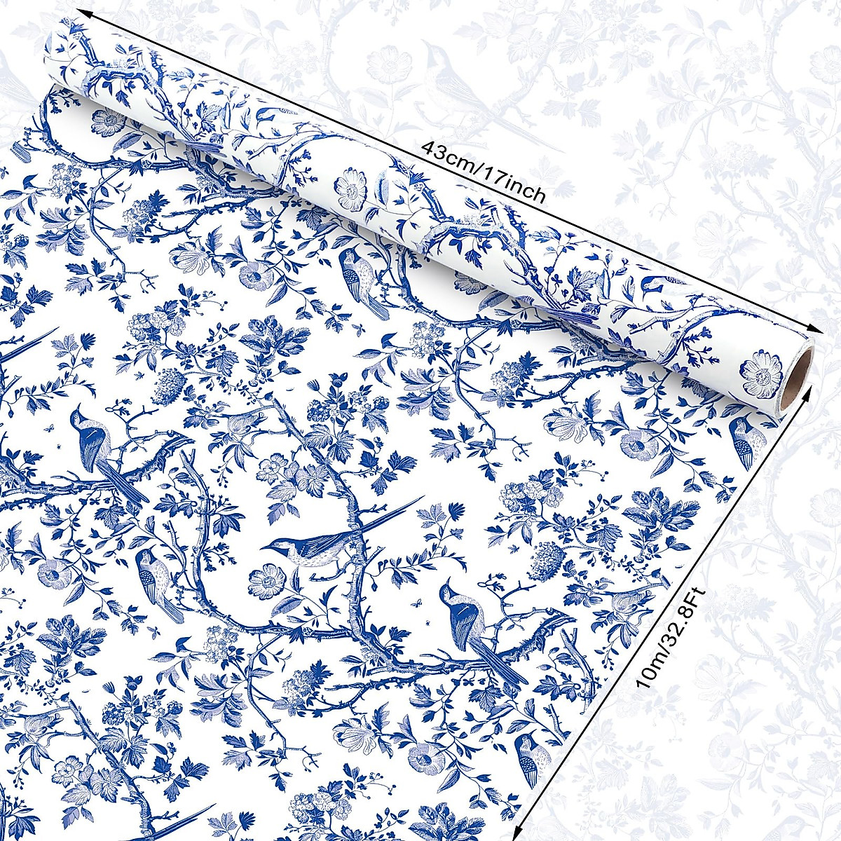 1 Roll Blue Floral Bird Wrapping Paper Mini Roll 17in x 32.8Ft Blue White Flowers Bird Pattern Gift Wrap Paper for Birthday Wedding Baby Shower Party Wrapping Supplies