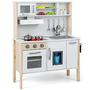 HONEY JOY Kids Kitchen Playset, Wooden Play Kitchen for Toddlers, Microwave, Range Hood, Ice Maker, 18 Cooking Accessories, Little Chef Pretend Play Toy Kitchen Set, Gift for Boys Girls, Natural