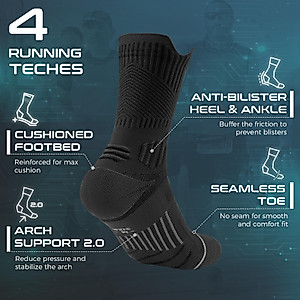Coolmax Compression Running Socks 3 Pairs, Cushion Crew Socks, Anti-Blister Moisture Wicking Athletic Hiking Socks