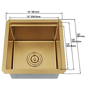 MONSINTA Gold Bar Sink, Undermount Bar Sink, 15" x 15" Small Single Bowl Bar Sink, RV Sink, 16 Gauge Stainless Steel Kitchen Sink with Sink Protector, Cutting Board and Sink Drain Assembly