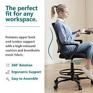 MCQ Drafting Chair with Fixed Armrests and Foot-Ring, Tall Office Chair for Standing Desk Adjustable Height Office Desk Chair for Home Office, Breathable Mesh Swivel Rolling Tall Chair Black