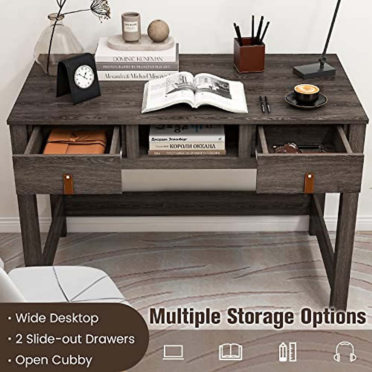 Tangkula Mid-Century Computer Desk with 2 Storage Drawers, Modern Home Office Desk with Storage Cubby, Study Writing Desk, Compact Laptop PC Desk Workstation, Wooden Vanity Desk for Bedroom (Grey)