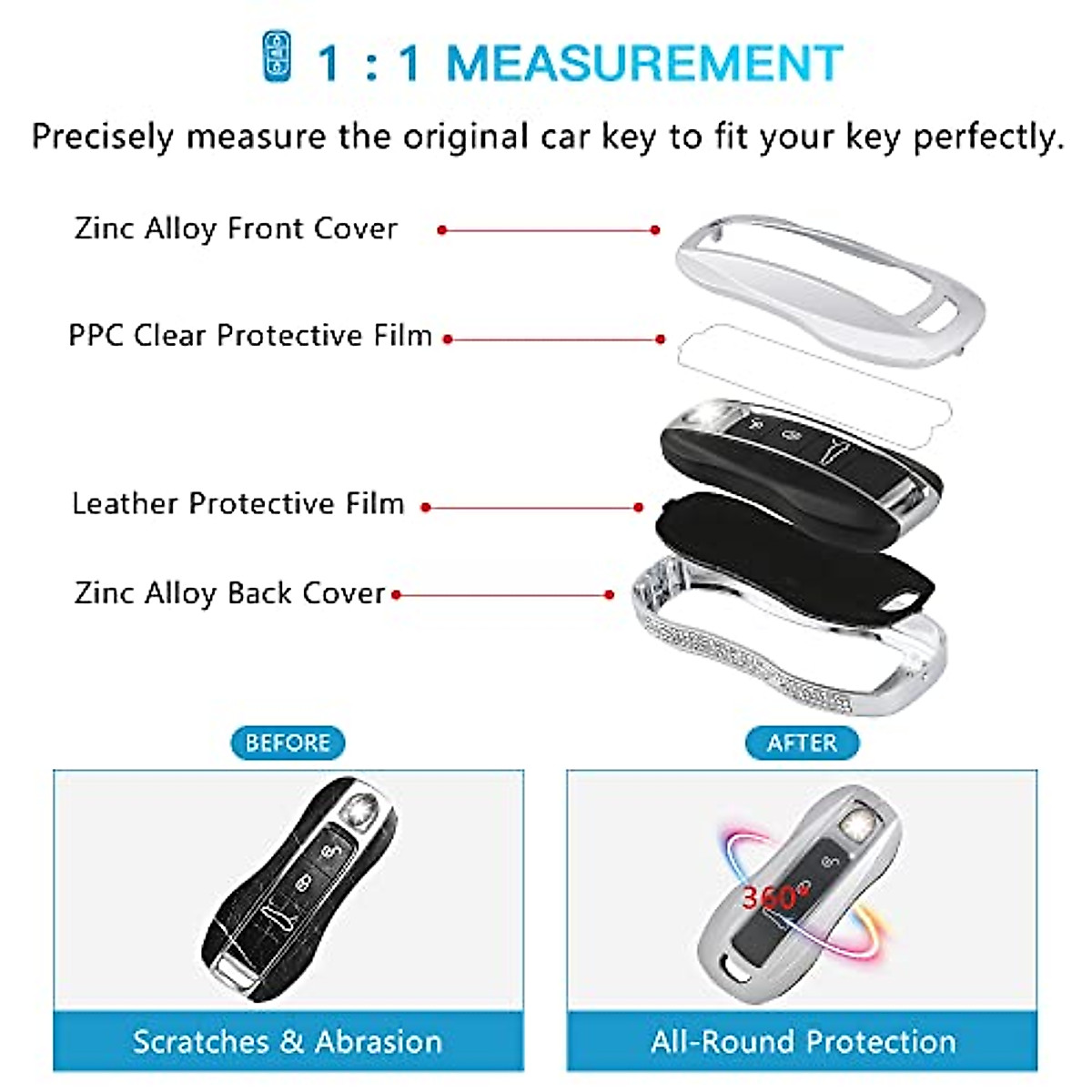 1797 for Porsche Key Fob Cover 911 Panamera Cayenne Keychain Bling Accessories Women Men Car Remote Case Shell Zinc Alloy Silver