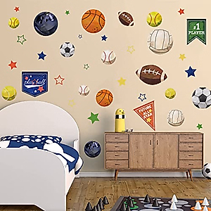 Supzone Sport Balls Wall Stickers Boys Sports Race Flag Wall Decals Colorful Basketball Soccer Baseball Stars DIY Vinyl Wall Art Sticker for Boys Playroom Bedroom Living Room Wall Décor
