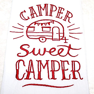 RV Camping Decor - Embroidered Flour Sack Towel - Red on White - Camper Sweet Camper - Handmade by Green Acorn Kitchen
