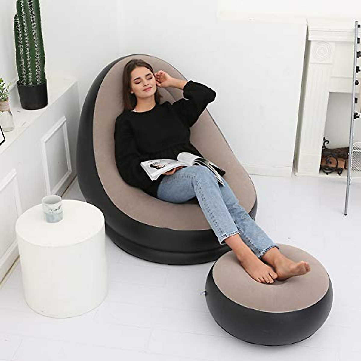 Inflatable Lounge Chair for Adults, Folding Portable Lazy Sofa with Foot Stool Lazy Flocking Recliner Chair Air Couch Sofa for Indoor Livingroom Gaming Bedroom Office Balcony, Outdoor Travel Camping