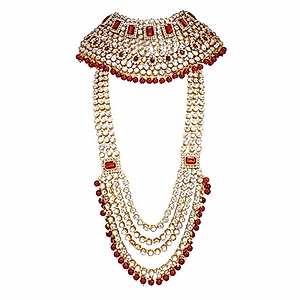 Steorra jewels Traditional Wedding Indian Bollywood Bridal Jewelry Set | Red Long Choker | Necklace, Earrings, Maang Tikka, Nath Paasa & Hath Phool in Faux Kundan Beads