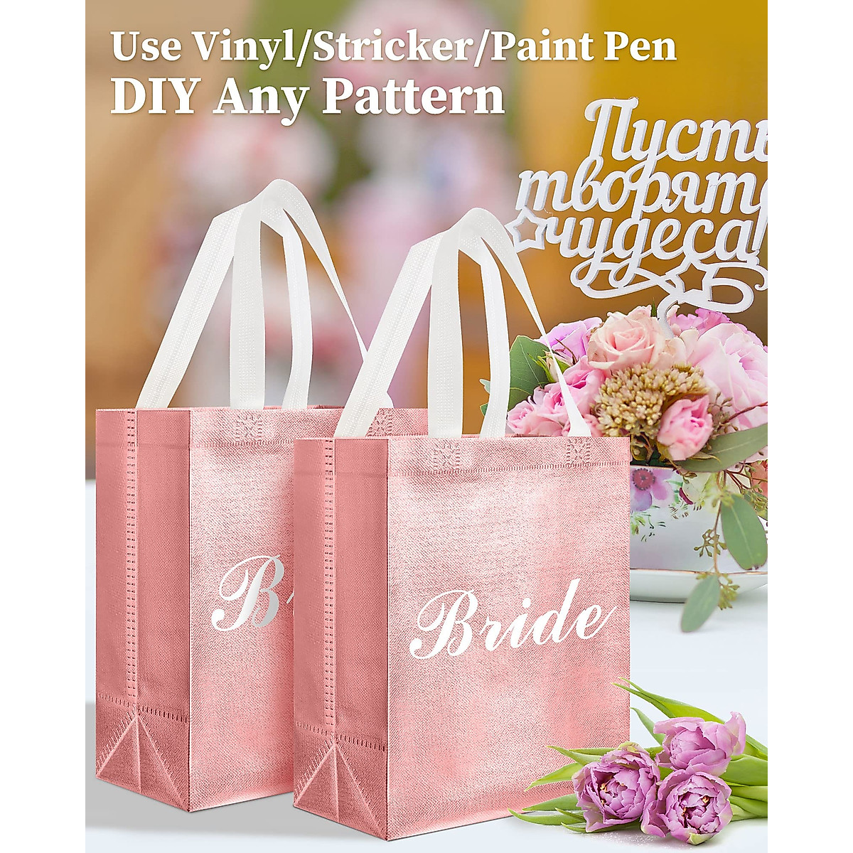 Eccliy 80 Pieces Gift Bags Set Glossy Reusable Tote Bags with Handles Grocery Bags for Wedding, Bachelorette Party, Christmas (Rose Gold,Medium)