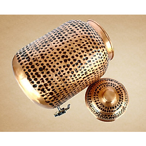 Rastogi Handicrafts pure copper Hammered water storage Tank Brown pot 4 liter capacity with Tumble and Copper Bottle
