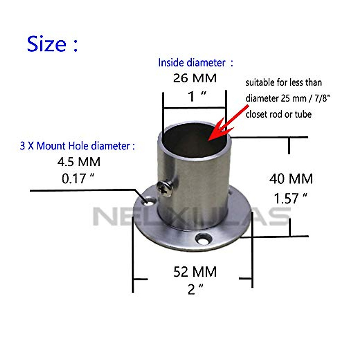 NELXULAS Stainless Steel Closet Rod Flange Holder for Pipe (AX1)
