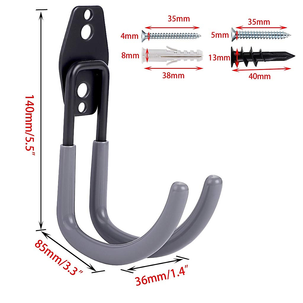 JUXYES Pack of 2 Wall Mounted Garden Hose Holder, Heavy Duty Water Hose Storage Organizer Pipe Reel Holder Hanger, Car Hose and Cord Hanger Bracket Bracing with Screws and Expansion Bolt (Gray)