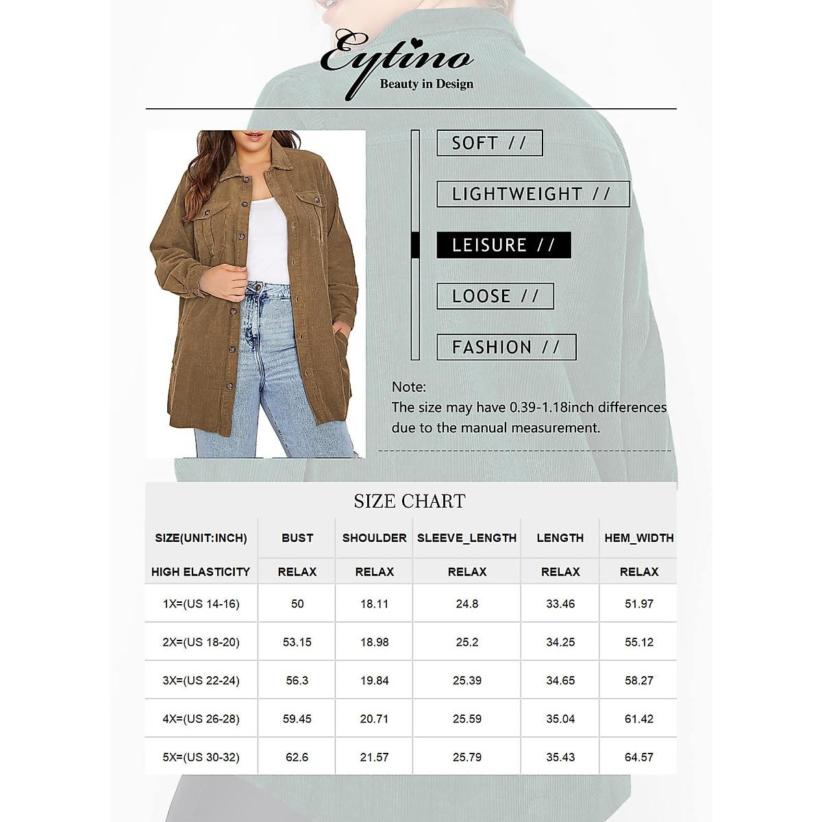 Eytino Womens Plus Size Shacket Jacket Oversize Long Sleeve Button Down Corduroy Boyfriend Shirts,4X Apricot