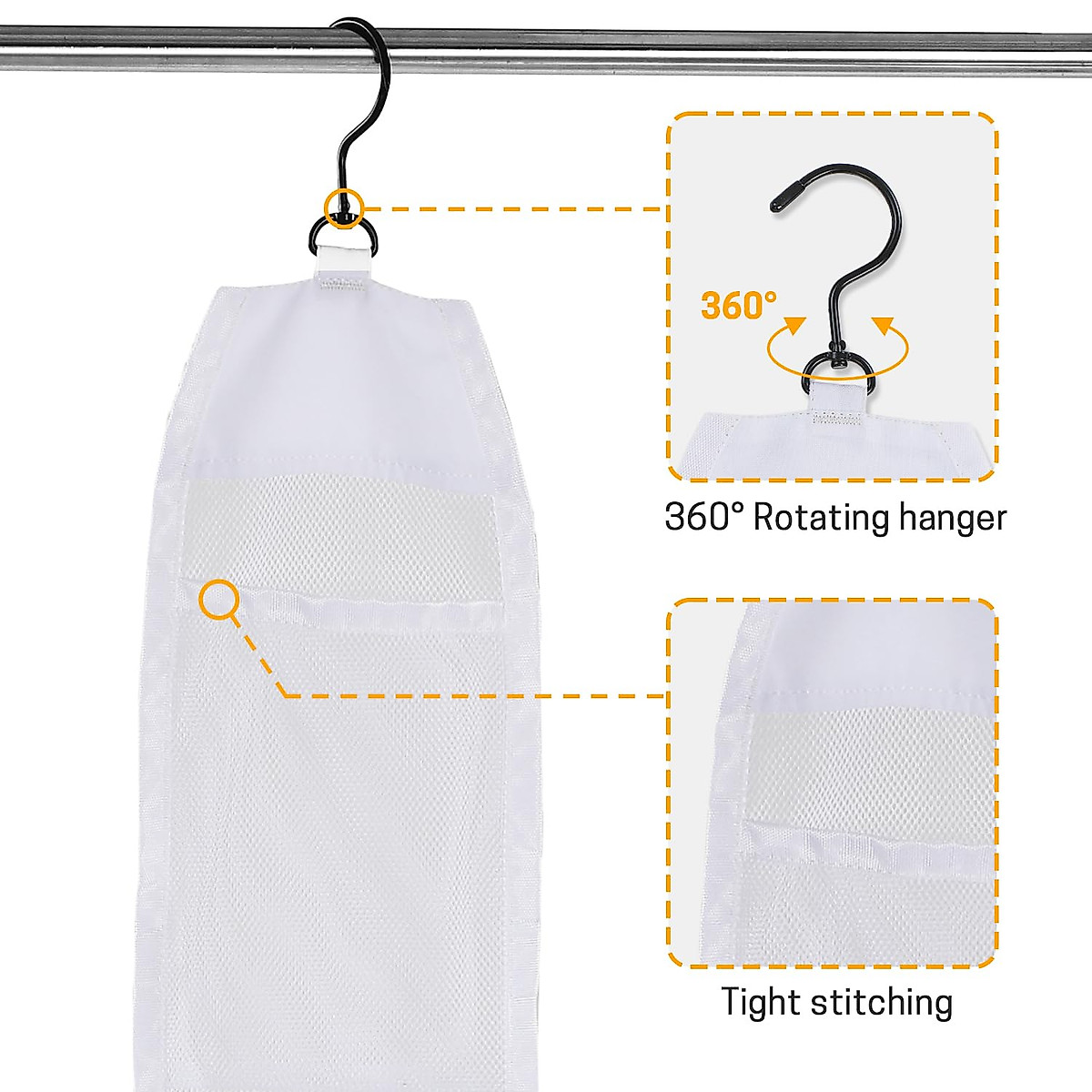 5 Pockets Mesh Storage Shower Caddy Hanging Mesh Shower Pockets with Rotating Hanger 57 x 6 in Space Saving Bathroom Organizer Hanging Storage Bag for Travel RV Camper Cruise Ship Essentials (White)