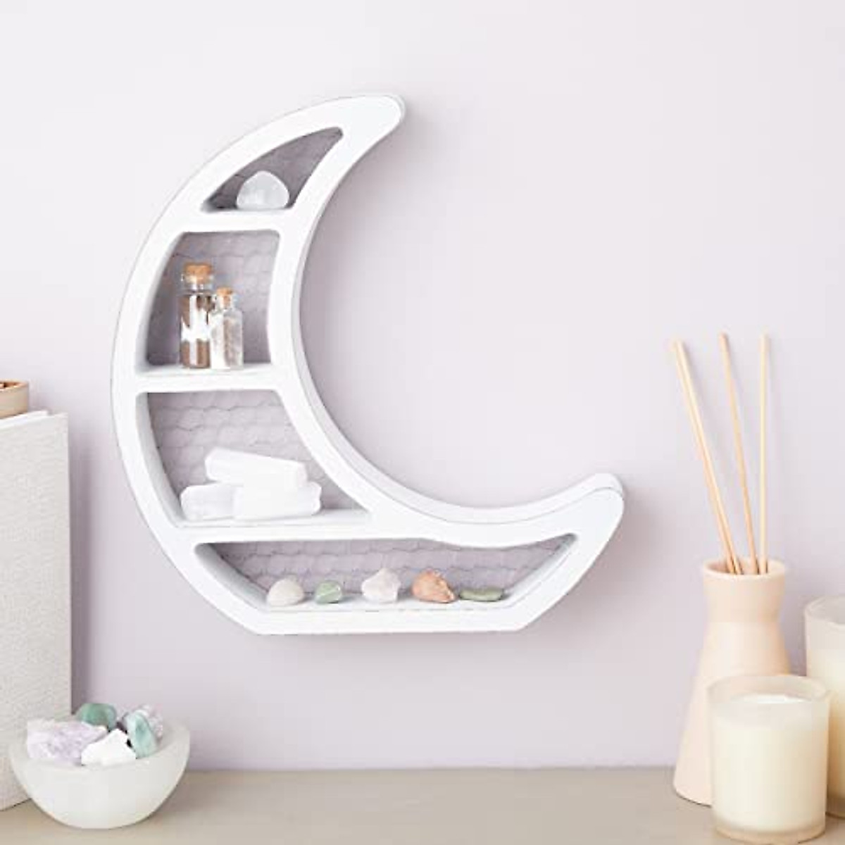 Farmlyn Creek Small Wooden Crescent Moon Shelf for Crystals and Essential Oils, Rustic Home Decor for Nursery, White (10.7 x 11.2 x 2 in)