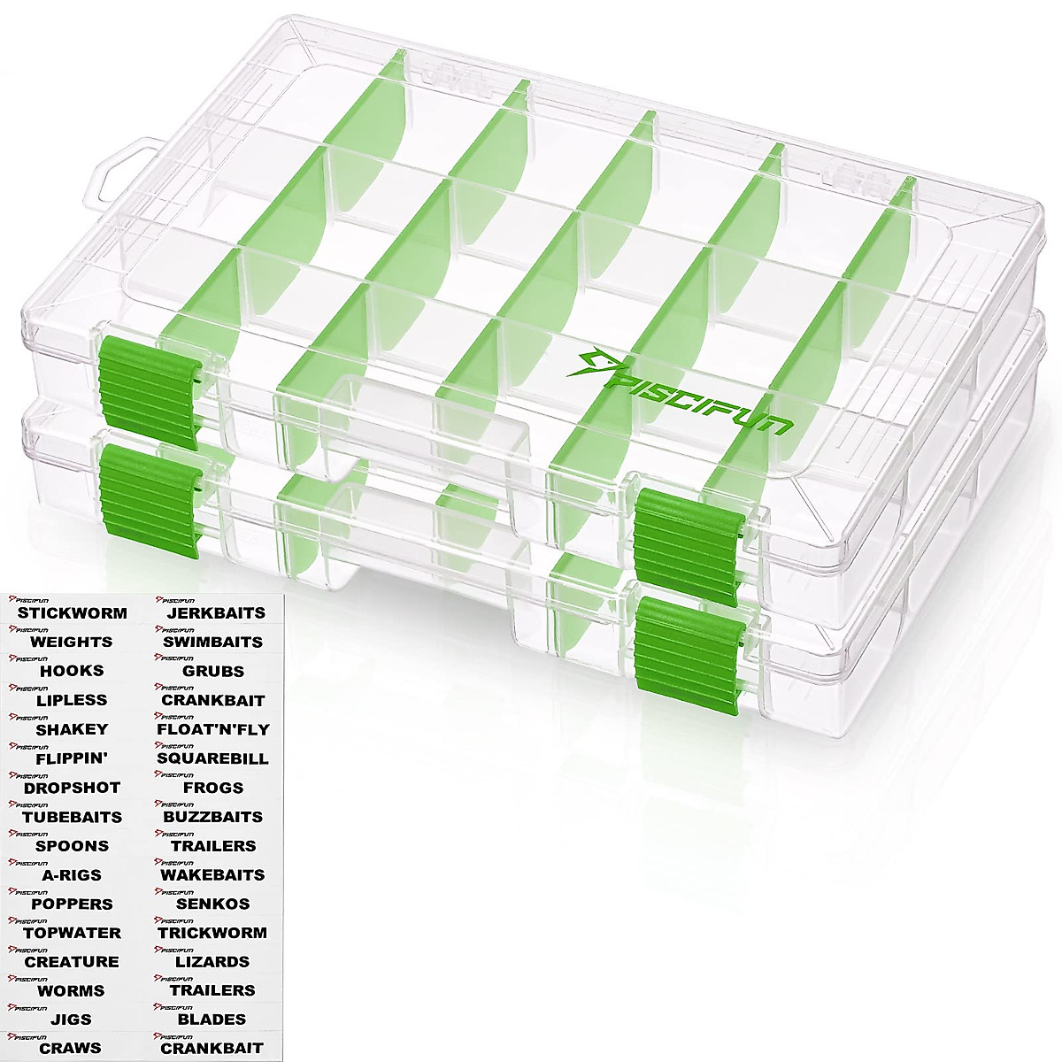 Piscifun Fishing Tackle Boxes, Tackle Trays with Waterproof Labels and Removable Dividers, 3600 BPA-Free Plastic Clear Fishing Storage Organizer Boxes for Lures, 2 Packs
