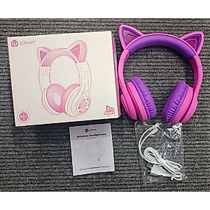 iClever Cat Ear Kids Bluetooth Headphones, LED Lights Up, 74/85/94dB Volume Limited, 50H Playtime,Bluetooth 5.2, USB C,Kids Headphones Wireless Over Ear for Travel iPad Tablet, Meow Macaron-Hot Pink