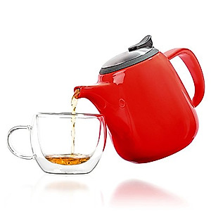 Tealyra - Daze Ceramic Teapot in Red - 27-ounce (2-3 cups) - Small Stylish Ceramic Teapot with Stainless Steel Lid and Extra-Fine Infuser To Brew Loose Leaf Tea