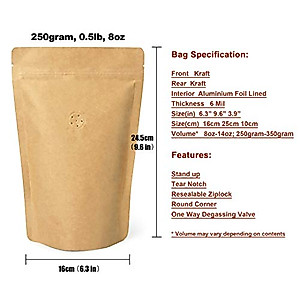 250g 8oz 1/2lb Kraft Paper Stand up Zipper Pouches Coffee Bags Coffee Pouches with Valve (Pack of 50)
