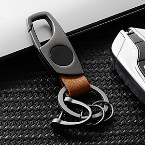 Gkeygo Carabiner Keychain, Key Chains for Car Key with 2 Key Rings and Anti-Lost D-Ring, Multifunctional Keychains for Men and Women – Grey(Brown Leather)