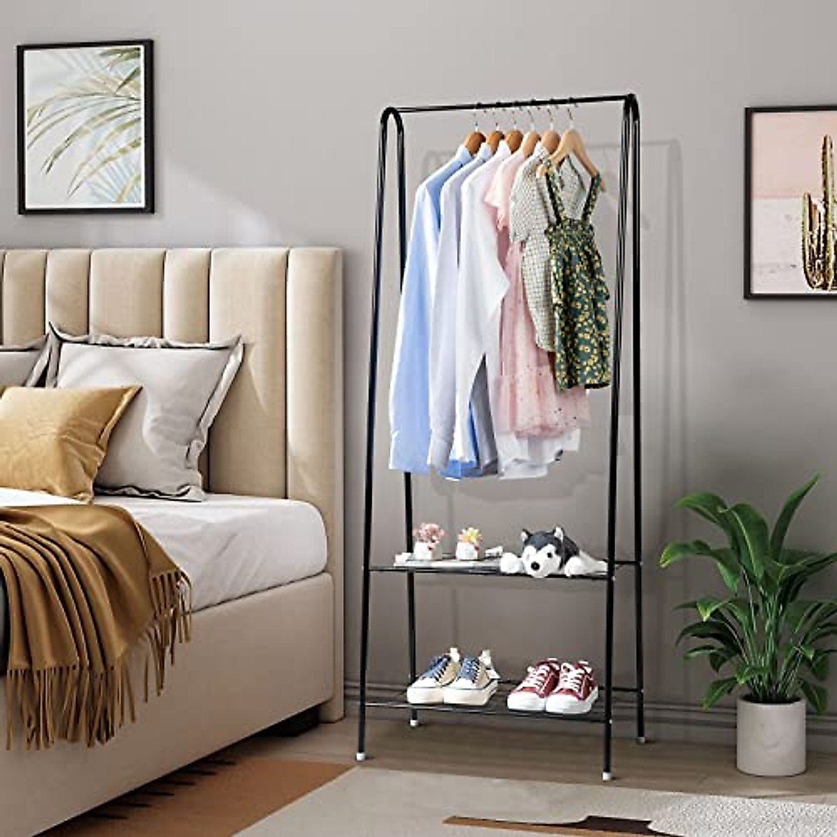 Karl home Freestanding Coat Rack Garment Rack, Portable Clothes Rack with 2 Tier Wire Metal Shelves Hanging Rod, Heavy Duty Clothing Stand for Drying Entryway Bedroom Laundry Living Room, Black 62.9"H