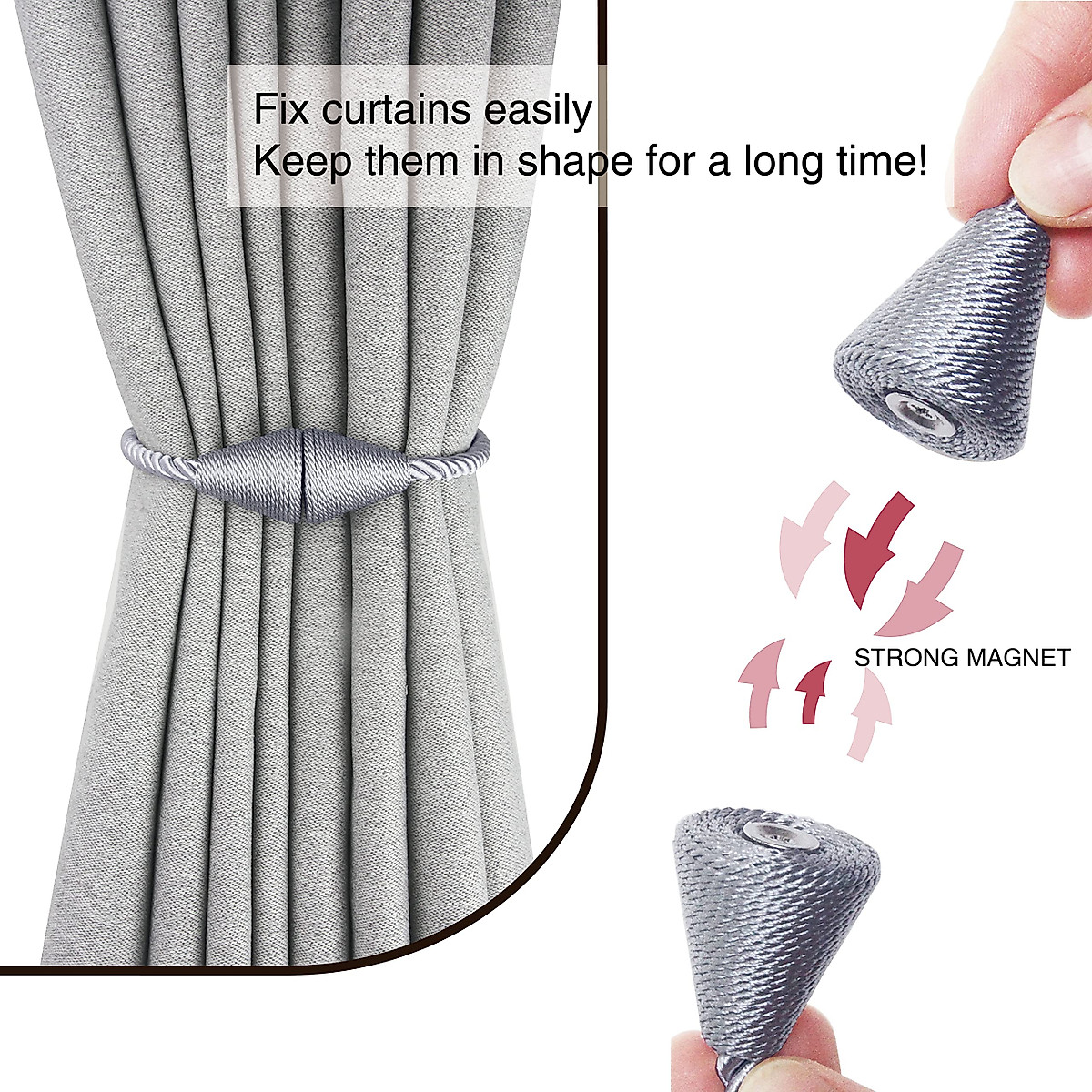 Nieffeiy 2 Pack Magnetic Curtain Tiebacks Rope Modern Handmade Curtain Tie Backs Decorative Drapes Weave Holdbacks for Window Décor, Grey