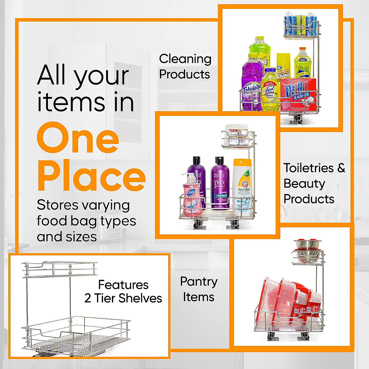 mRUB Pull Out Cabinet Organizer – Sliding Shelf Under Sink 2 Tier Organizer for Kitchen, Bathroom, Pantry – Heavy Duty Slide Out Shelves Storage Organizer (16.33” x 11.33” x 13.23”)