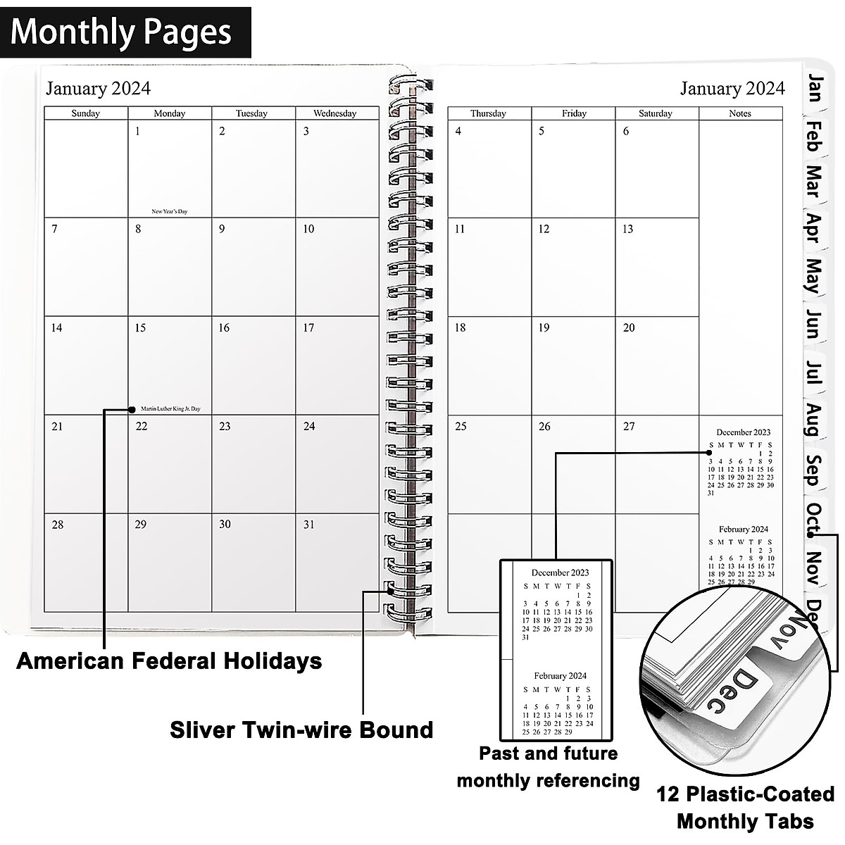 Veiai 2024 Planner,January - December, Wirebound,Weekly and Monthly with Monthly Tabs Planner, Frosted Cover,6.5"x8.5", Twin-Wire Binding Calendar Notebook (Black)