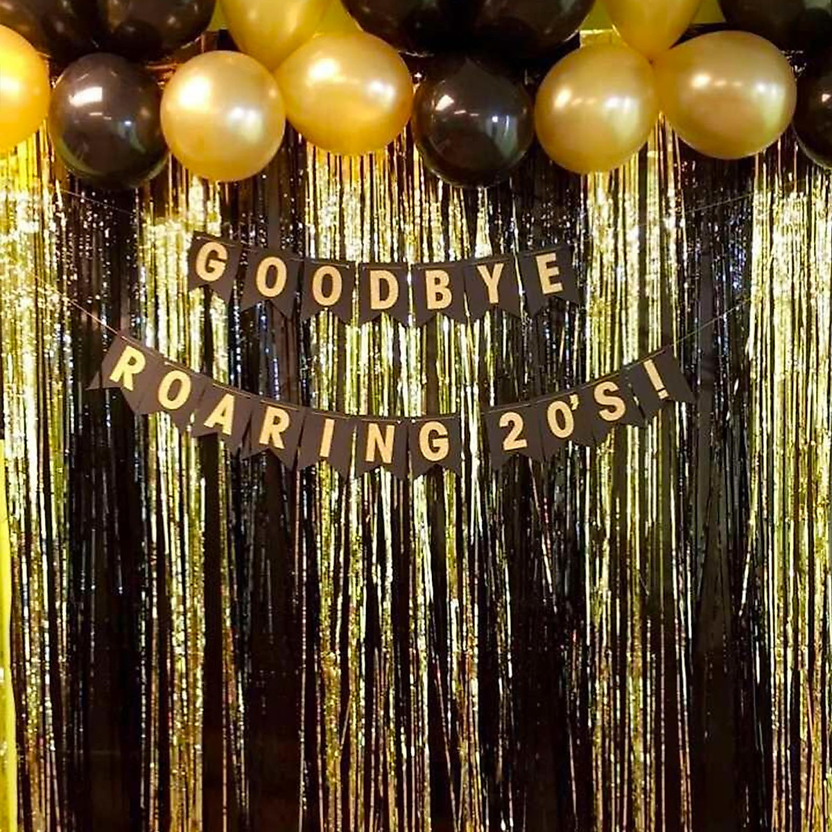 CANREVEL 2 Pack 3.3x8.2 Feet Black and Gold Foil Fringe Backdrop Curtains, Tinsel Streamers Birthday Party Decorations, Fringe Backdrop for Graduation, Baby Shower, Happy New Year, Disco Party