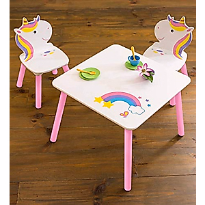 Hearthsong Rainbow Unicorn Table and Chairs Playroom Furniture Set, 2⅓' sq. Table, 11” sq. x 10½”H Chair, 45 lbs. per Chair